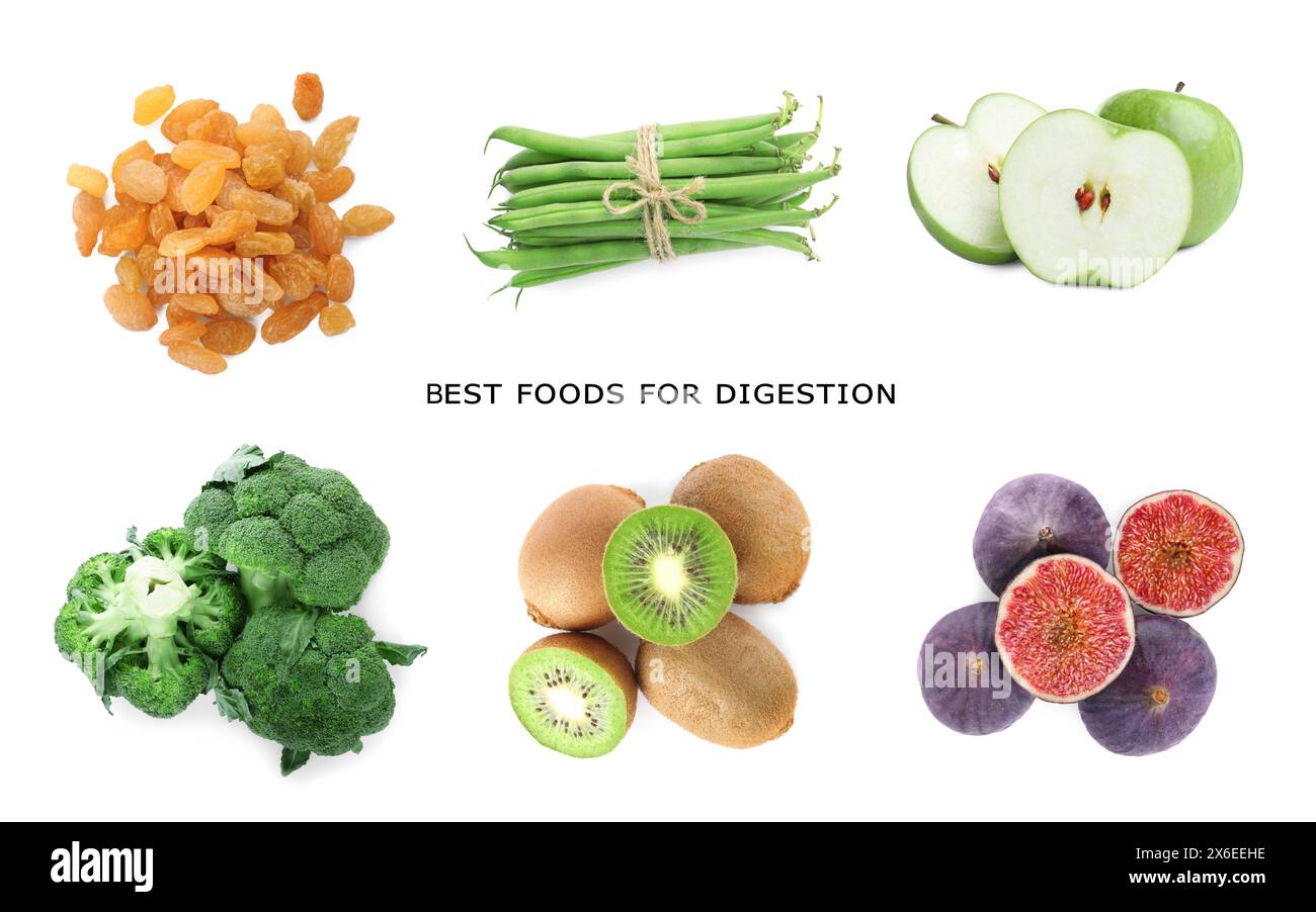 Foods for healthy digestion, collage. Broccoli, apples, green beans ...
