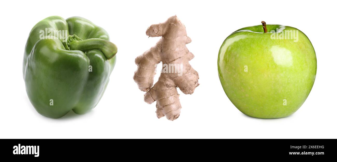 Foods for healthy digestion, collage. Green bell pepper, ginger and ...