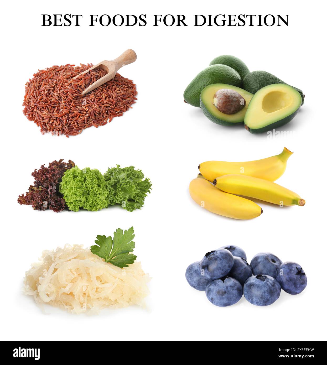 Foods for healthy digestion, collage. Brown rice, lettuce, blueberries ...