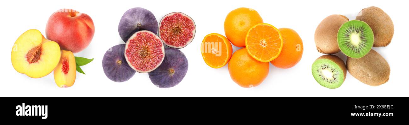 Foods for healthy digestion, collage. Fresh peaches, figs, tangerines ...