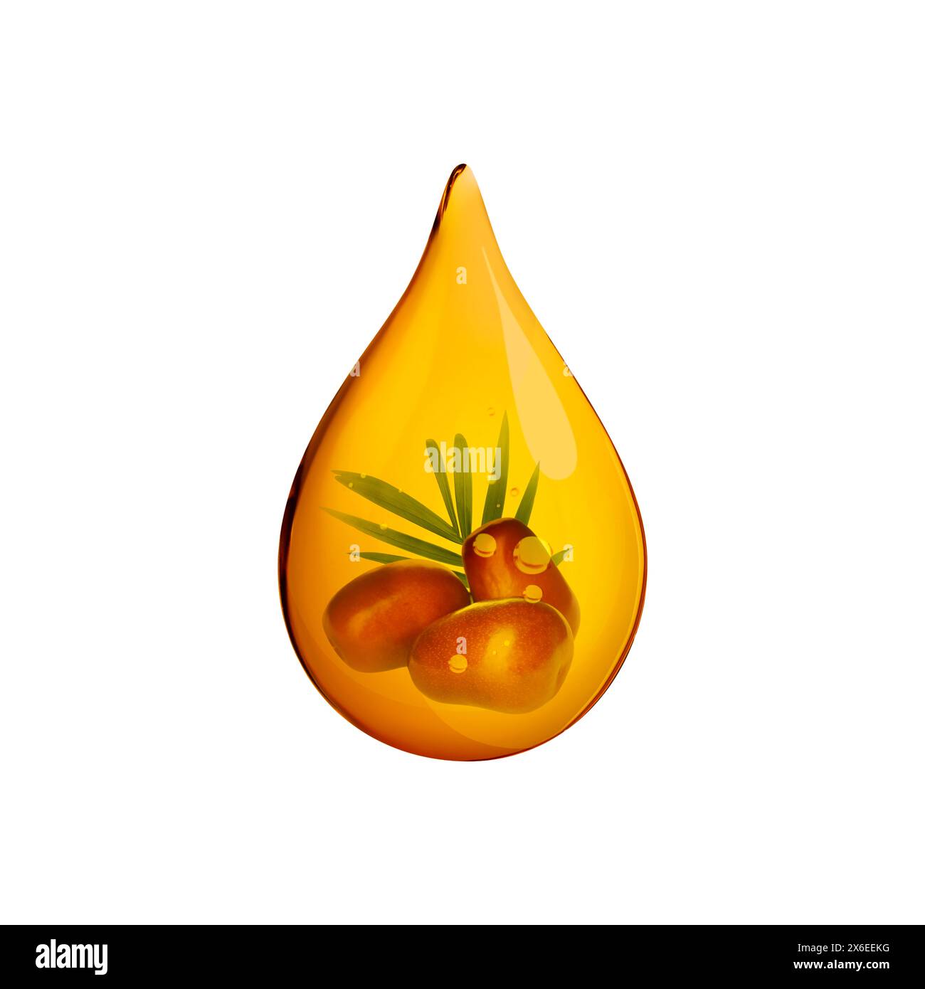 Cooking oil drop with palm leaf and fruits isolated on white Stock ...