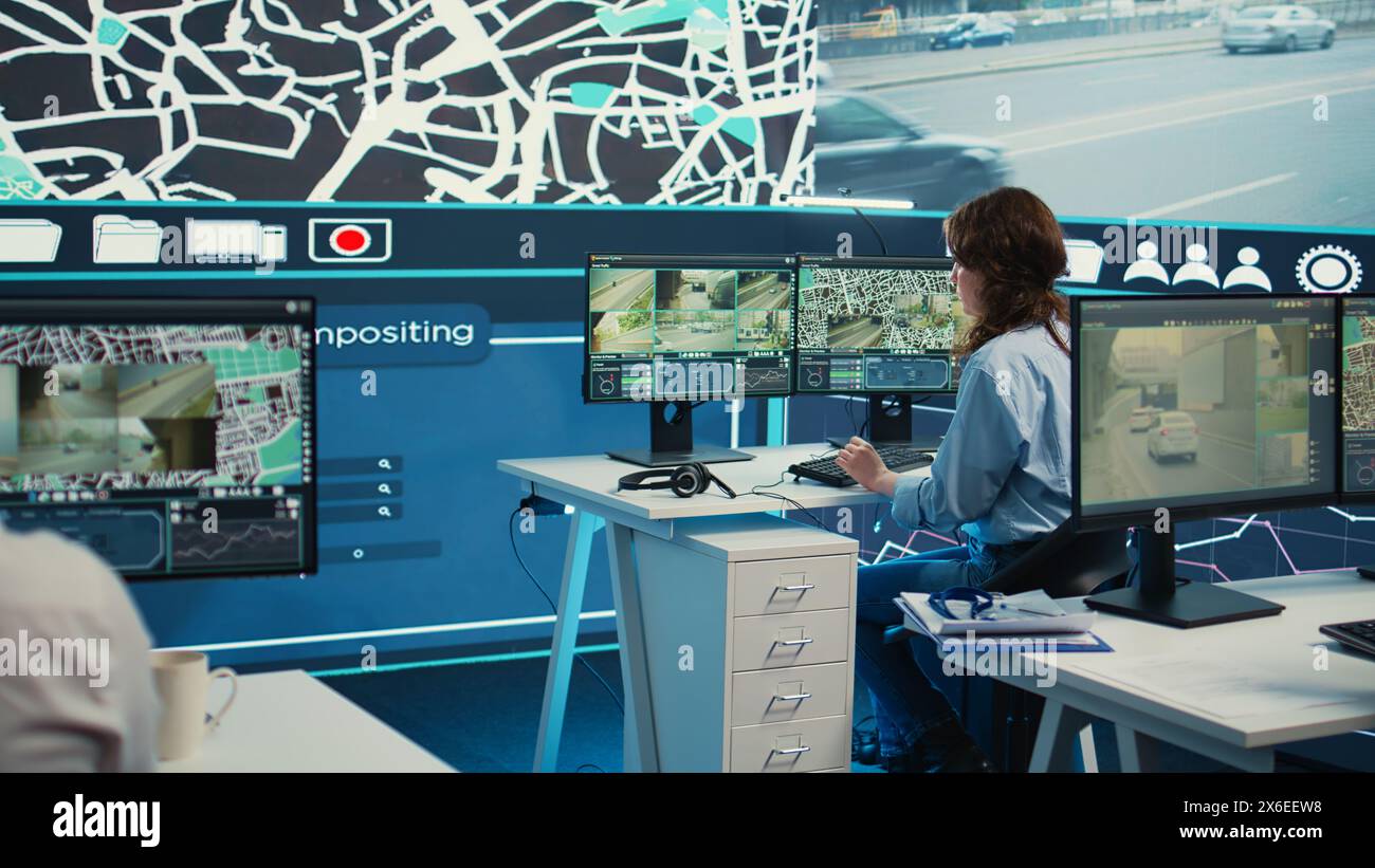 Monitoring Room Operator Looking For Routes On Surveillance Footage And Gps Satellite Map