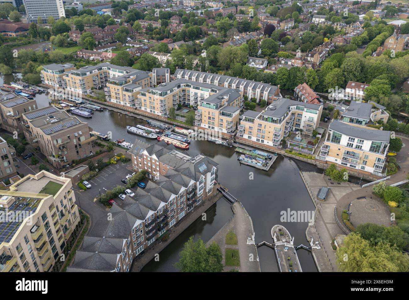 Aerial view of The Moorings at Brentford Lock on the River Brent ...