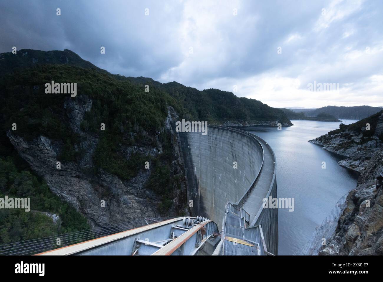 View of the Gordon Dam on a cool summer's day. It is a unique double ...