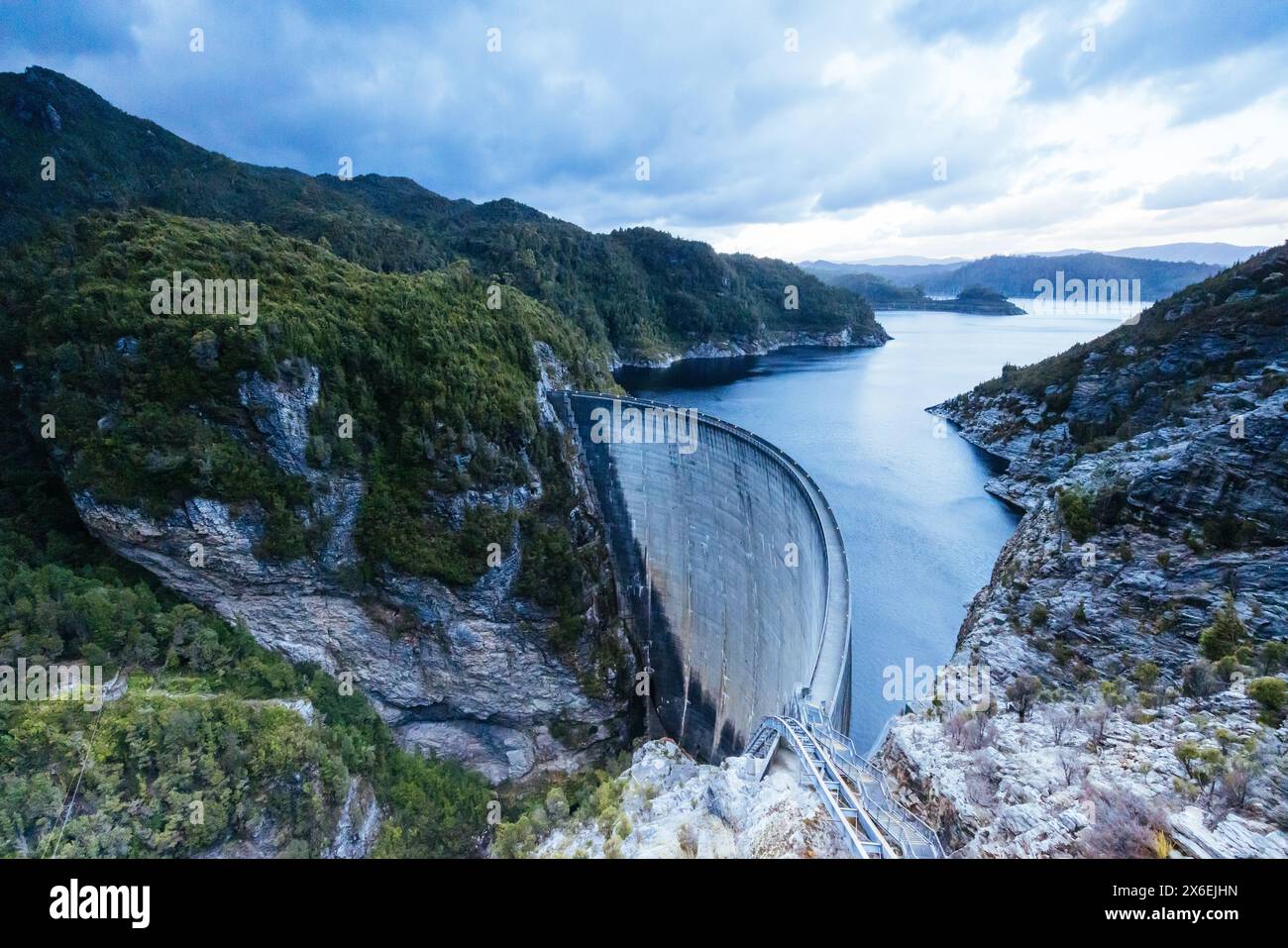 View of the Gordon Dam on a cool summer's day. It is a unique double ...
