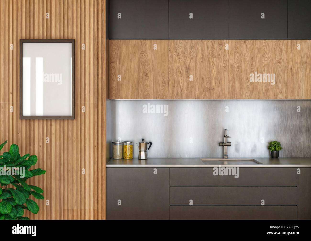 Interior of a kitchen seen from the front detailed view. Luminous image ...