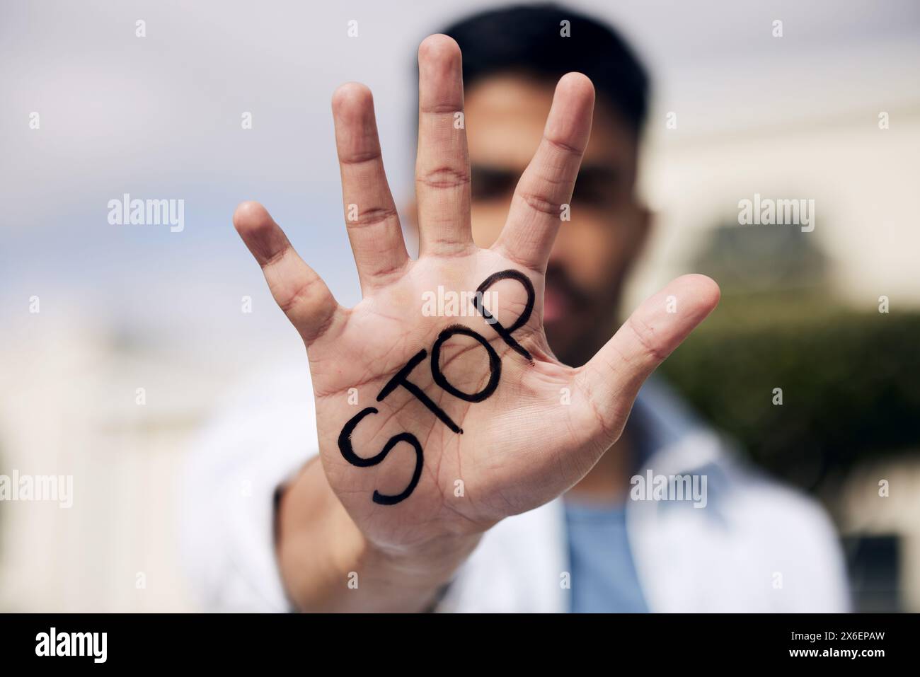 Stop, no and hand for protest sign, human rights or fight racism ...