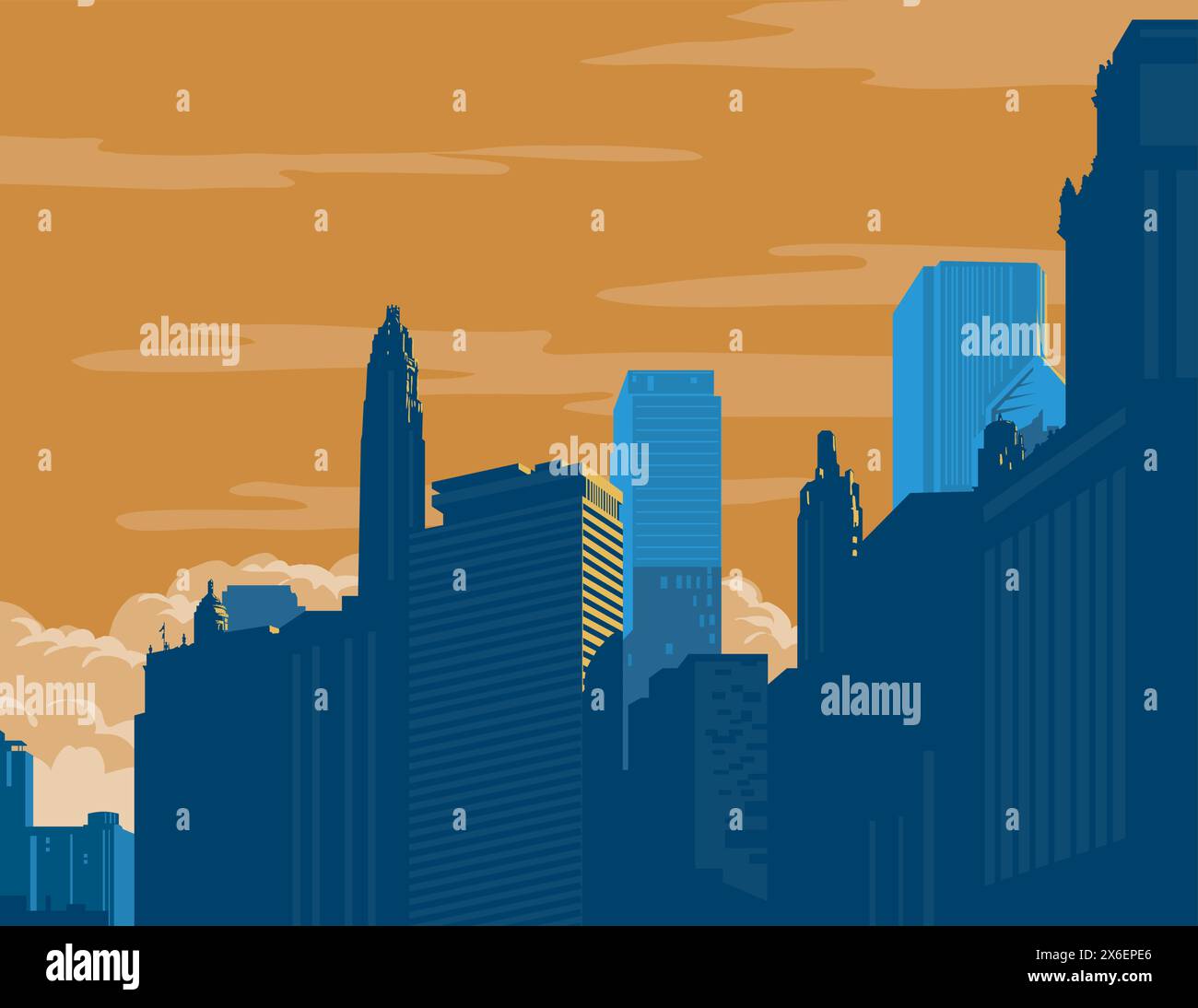 WPA poster art of the Chicago city skyline with buildings and ...