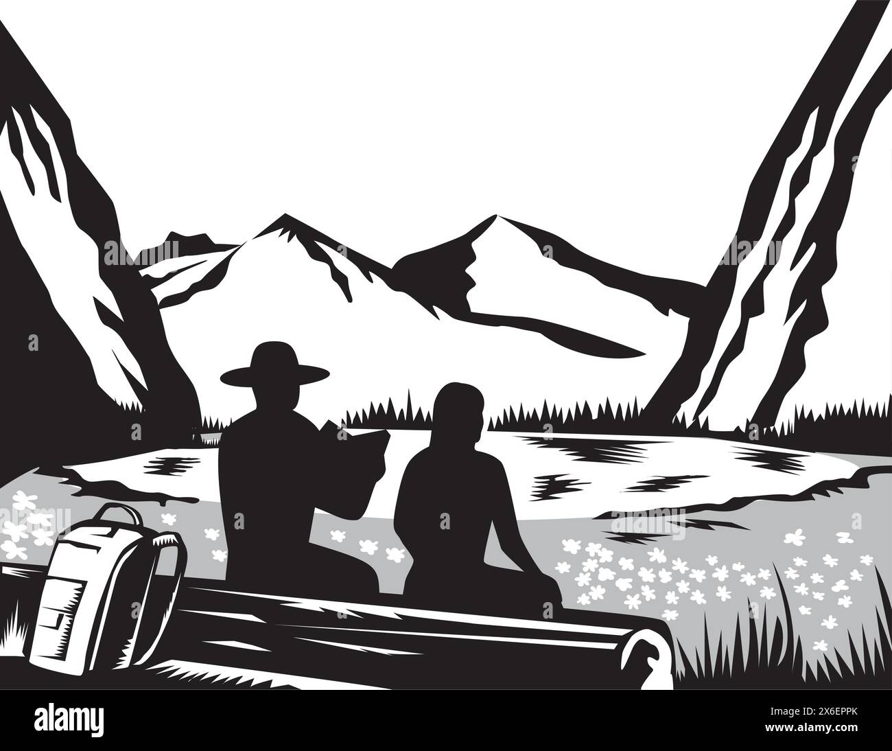 Retro woodcut style illustration of a male and female hiker tramper ...