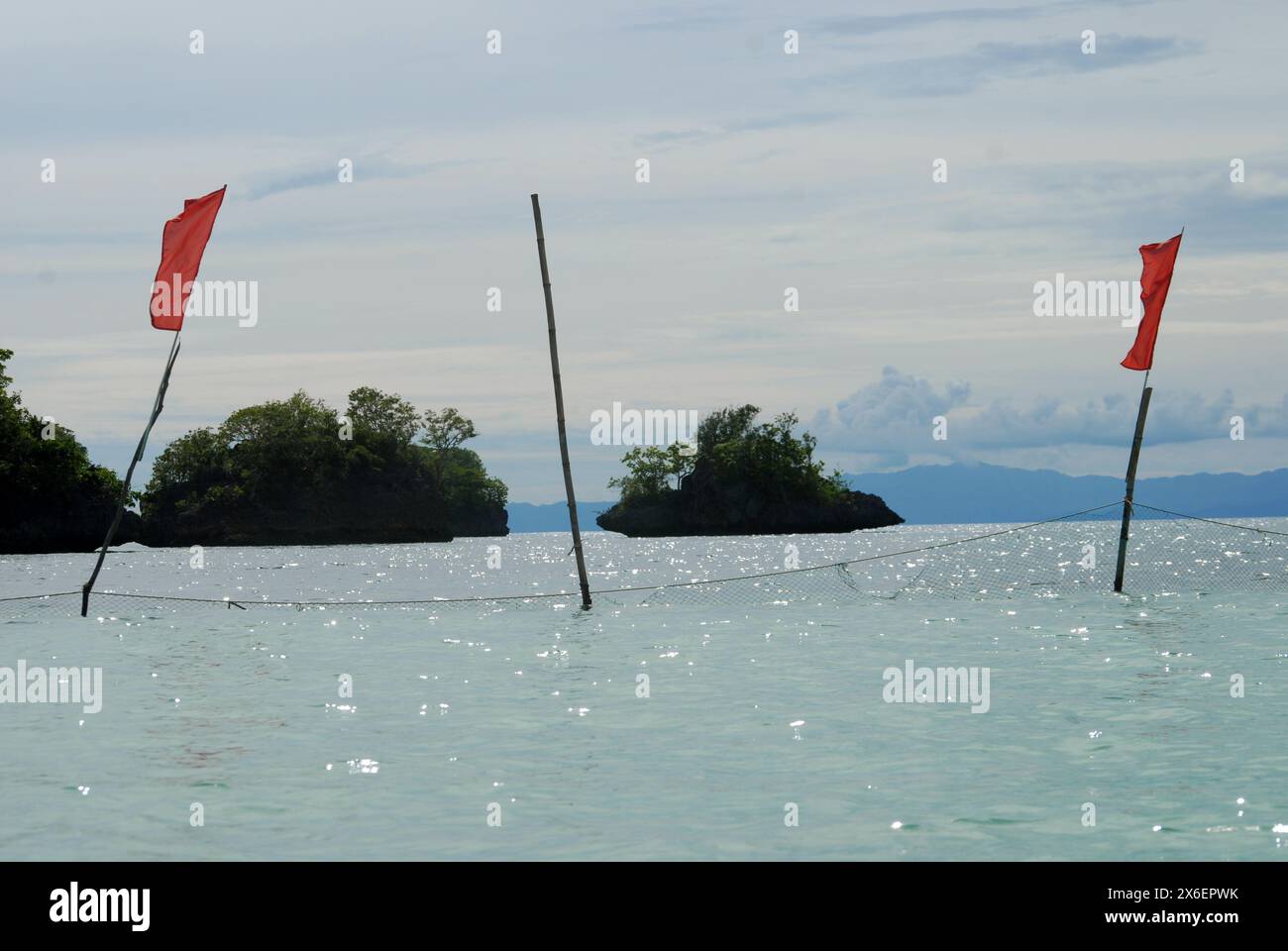 Poles with red flag to indicate position of fishing pots. Piagao ...