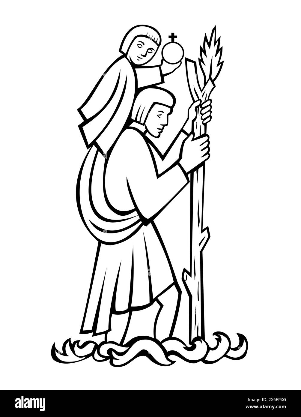 Line art drawing illustration of Saint Christopher with staff of palm ...