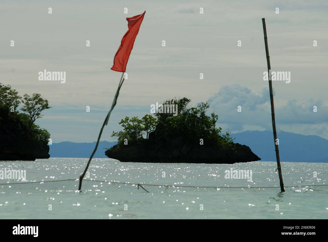 Poles with red flag to indicate position of fishing pots. Piagao ...