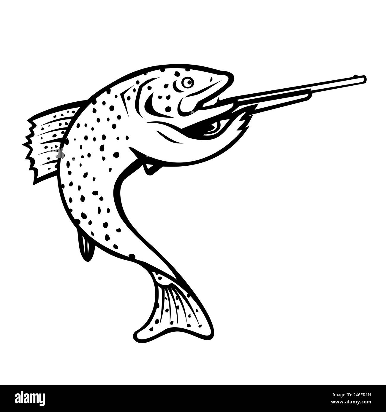 Mascot illustration of rainbow trout aiming a shotgun rifle viewed from ...