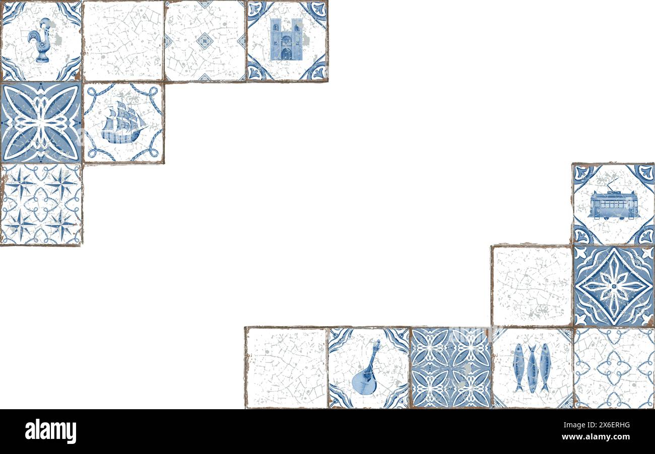 Ceramic azulejo tiles with symbols of Portugal in corner compositions ...