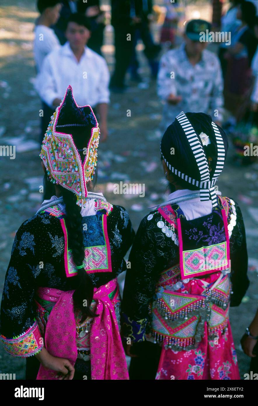 Hmong girls in traditional costume at courting ceremony, Thalat ...