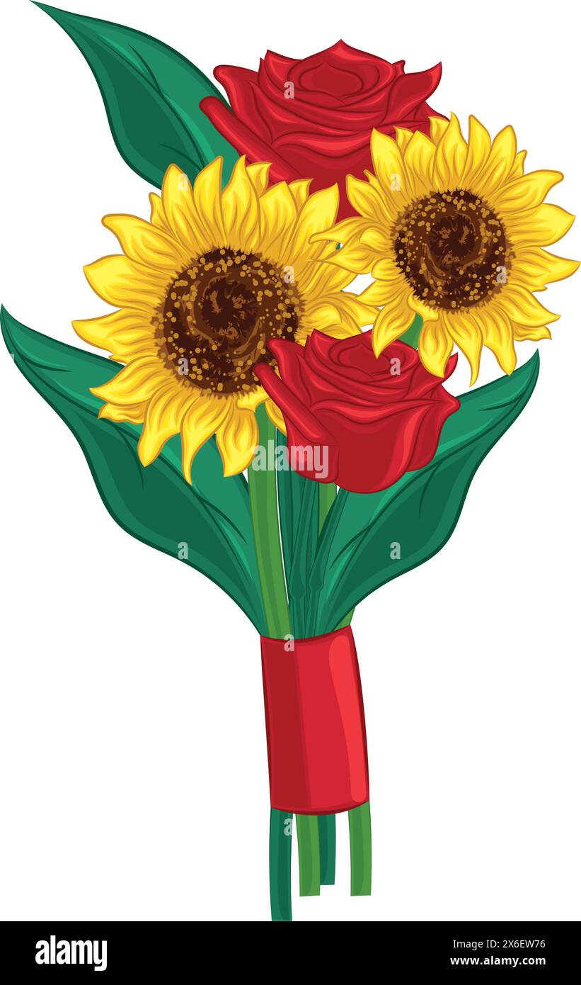 Realistic detailed rose and sunflowers bouquet Vector Stock Vector ...