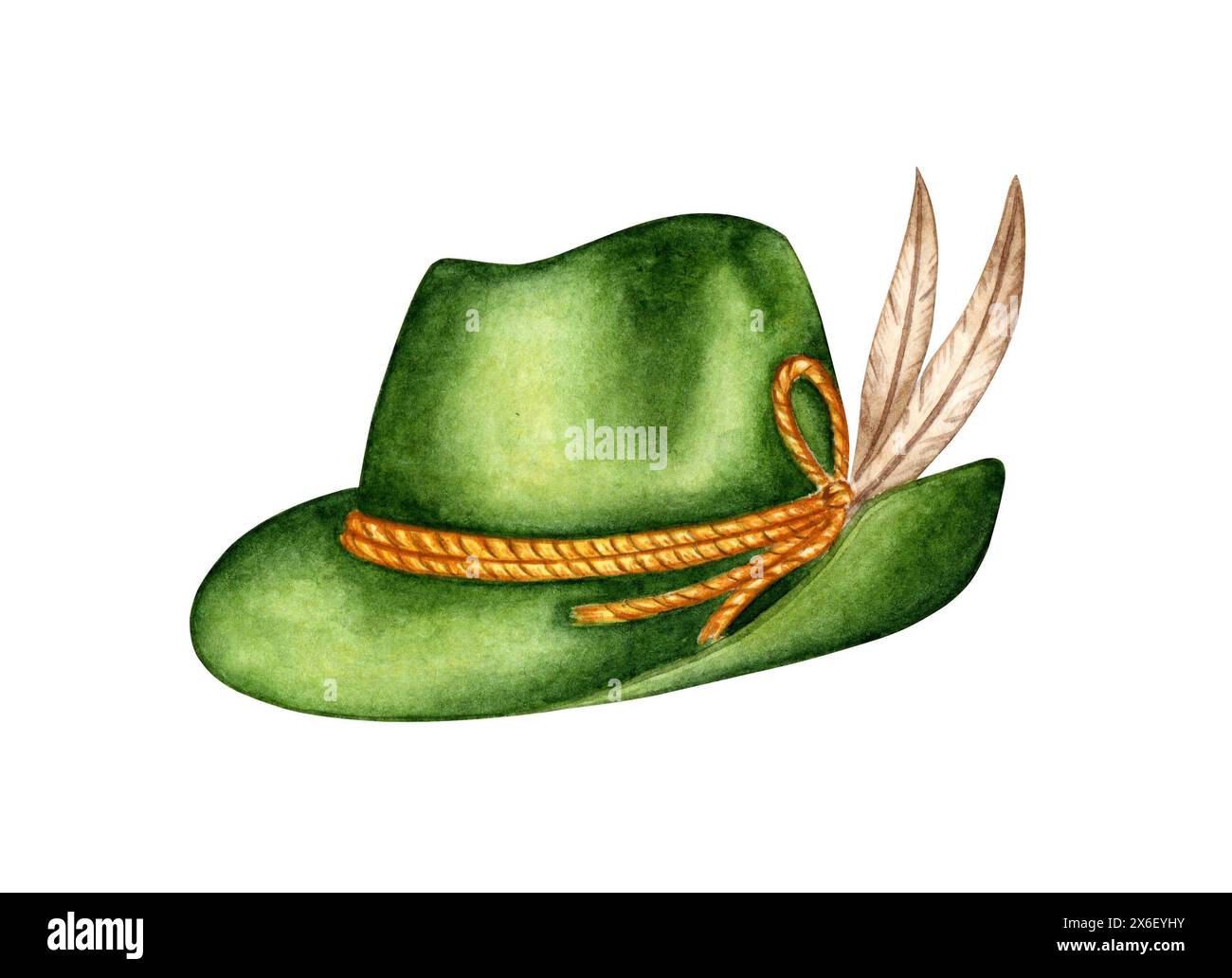 Bavarian green felt hat with feathers watercolor illustration ...