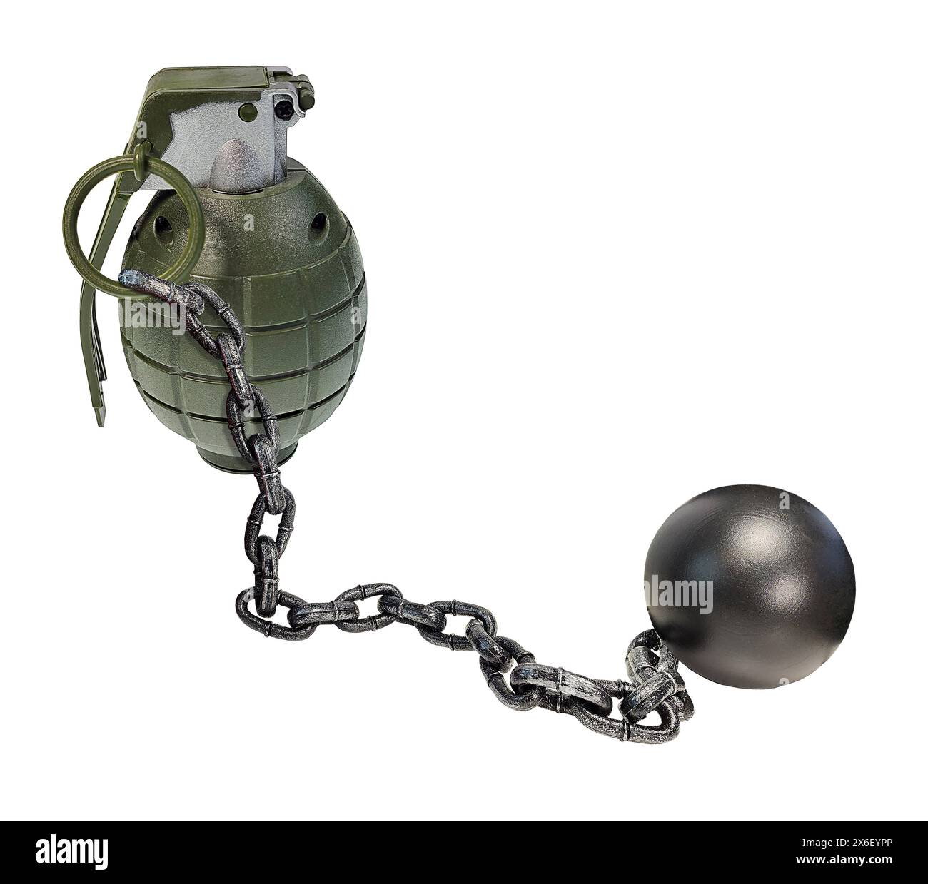 Vintage grenade used for demolition with ball and chain to show ...