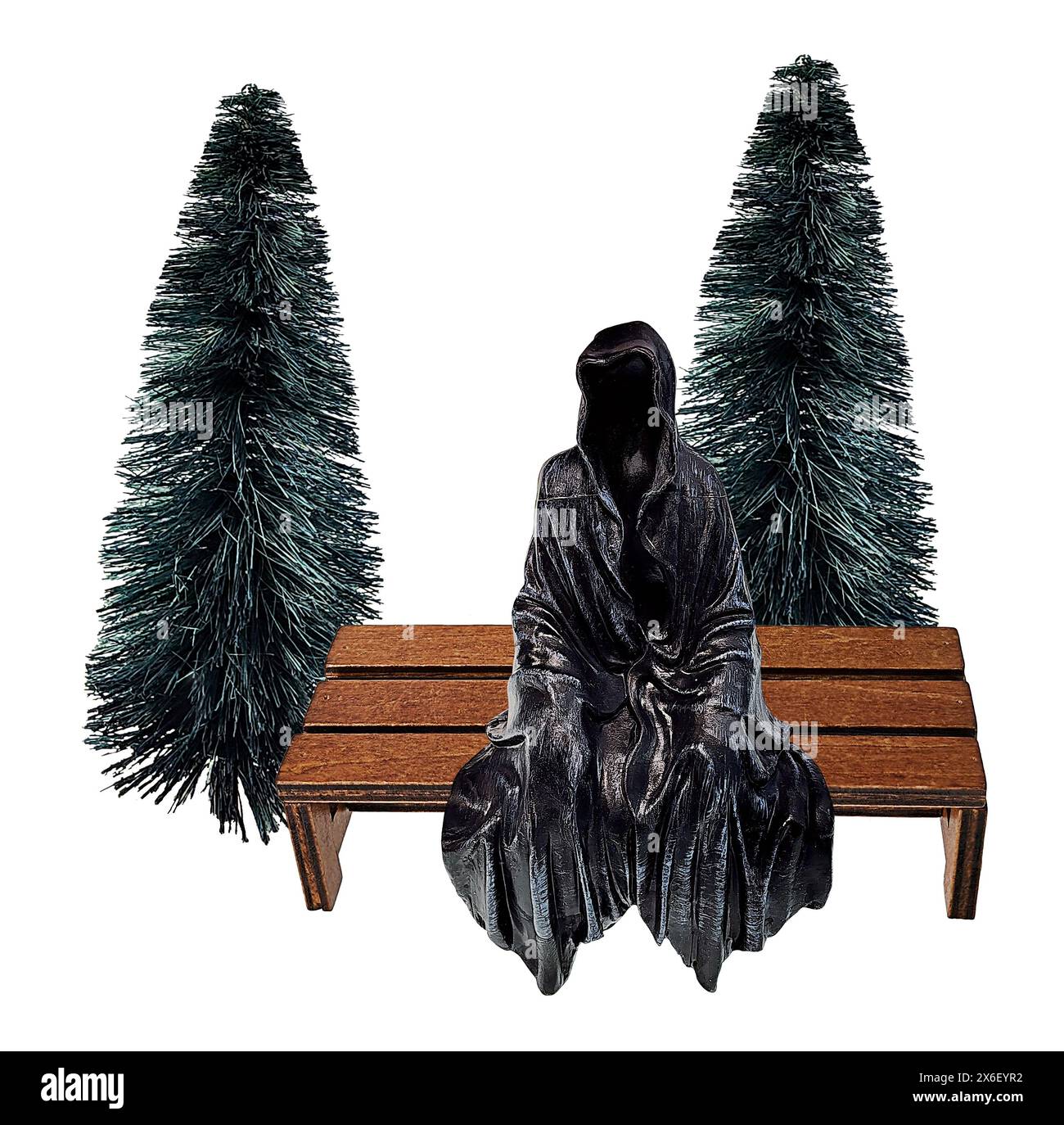 The impersonation of death as a figure sitting on a bench with trees in ...