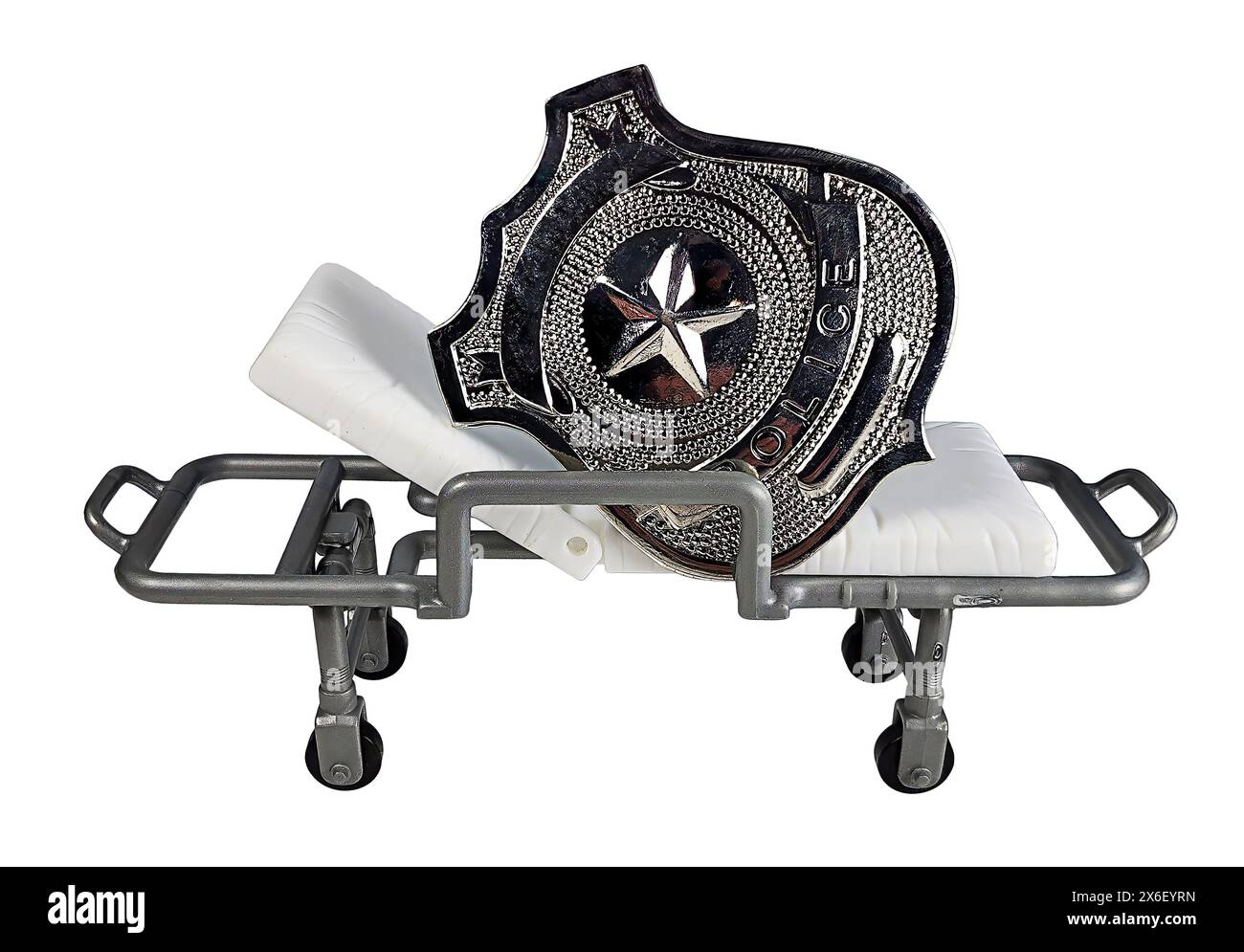 Police badge on a hospital gurney to show police injury Stock Photo - Alamy