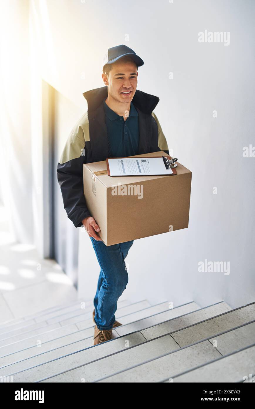 Man, box and stairs for mail delivery, distribution and cargo shipping ...