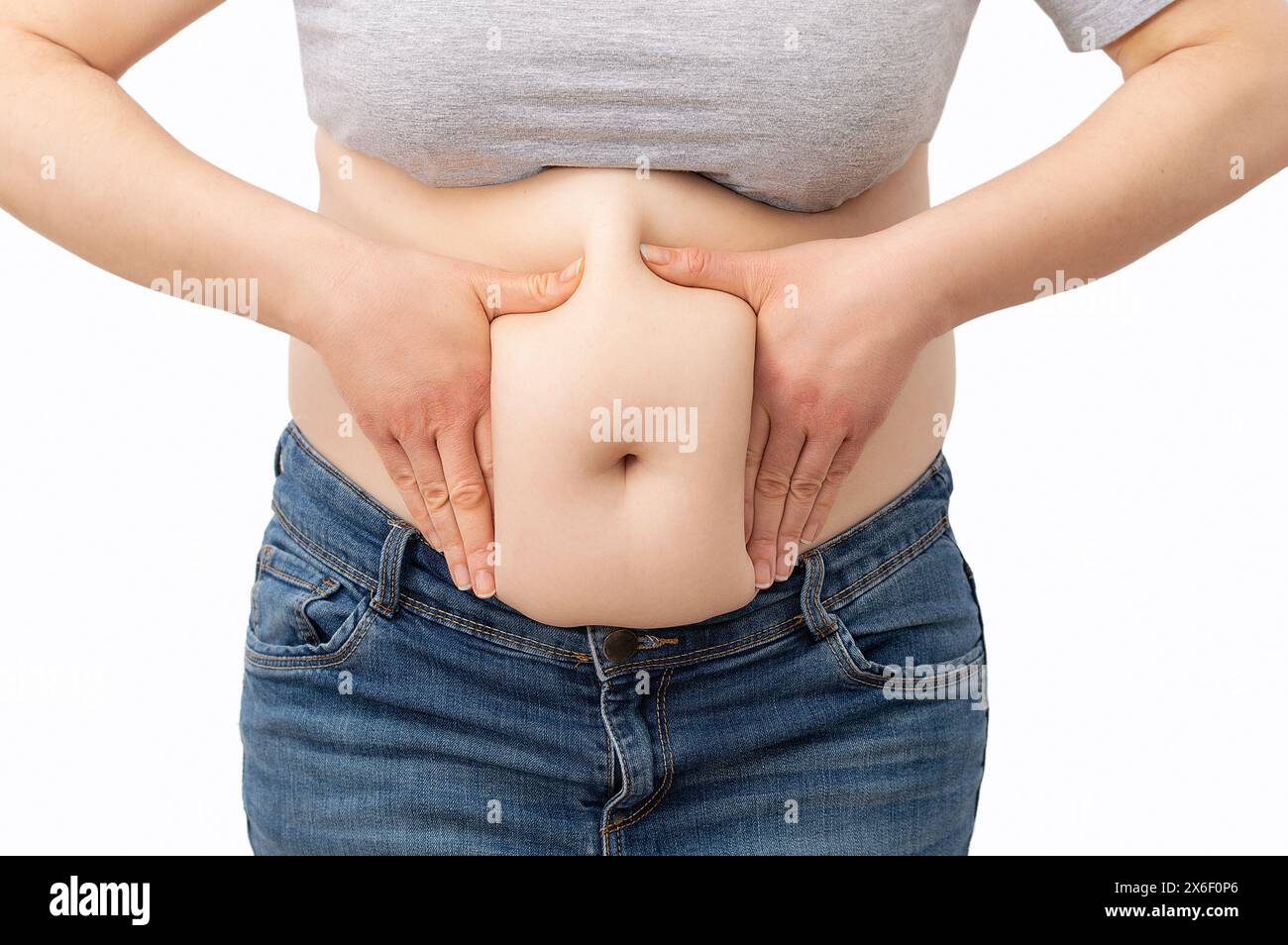 Close up tummy of a fat woman with fat belly, chubby, fat belly with ...