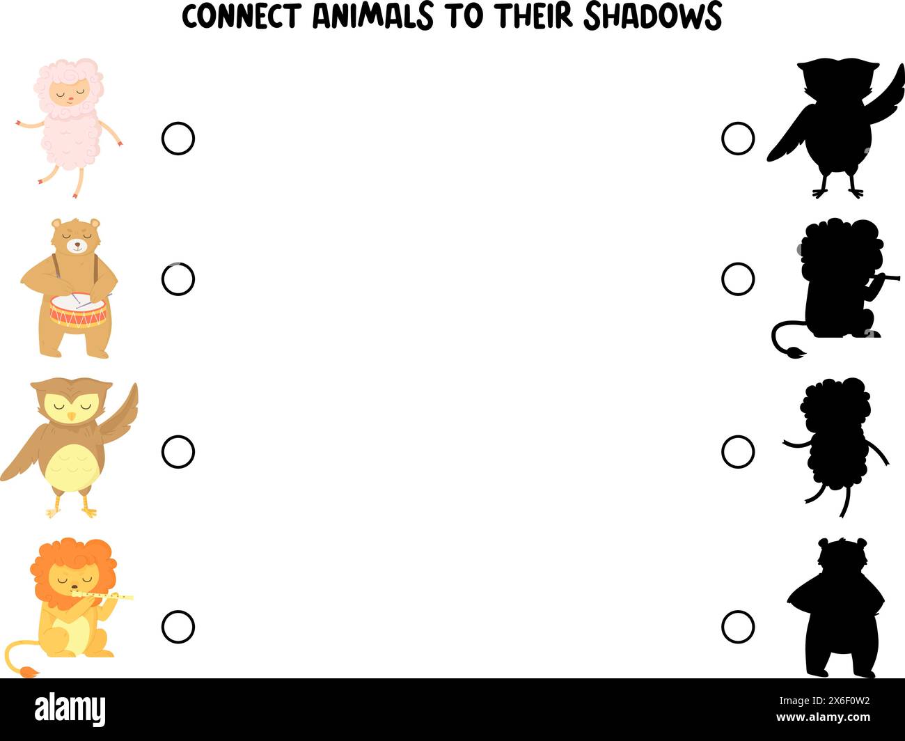 Find the right shadow game. Bear with drum, owl, lion,sheep animals ...