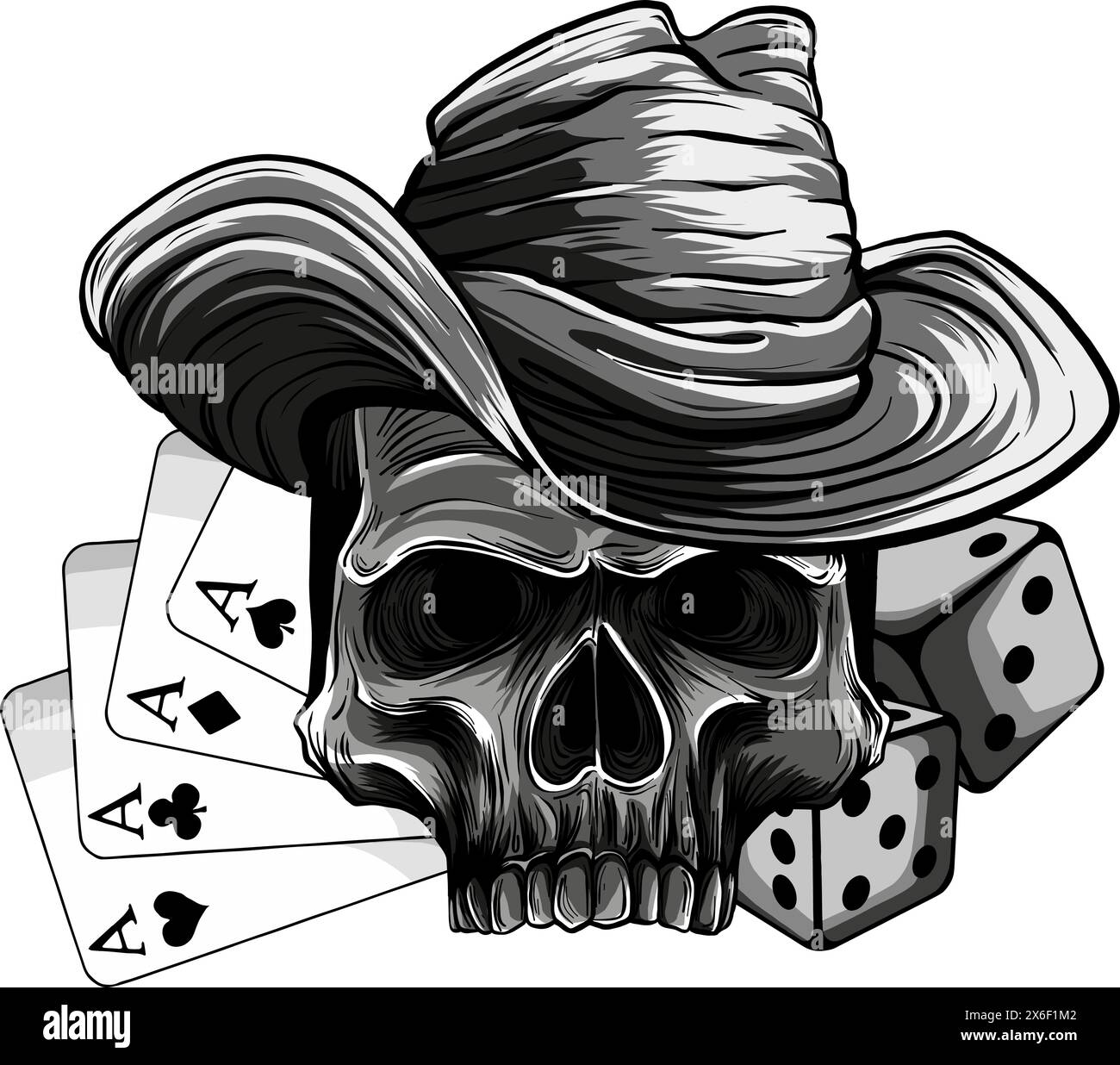 vector illustration of Skull cowboy with poker card and dice Stock ...