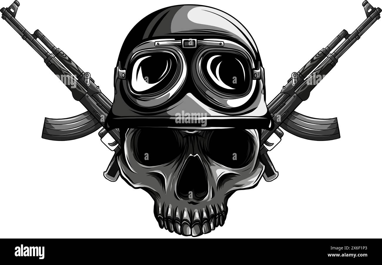 Vintage monochrome soldier skull in helmet and crossed machine guns ...