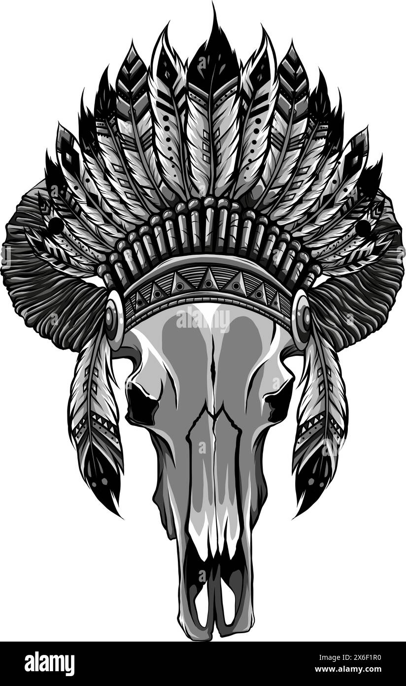 vector illustration of Native american bull skull with feathers Stock ...