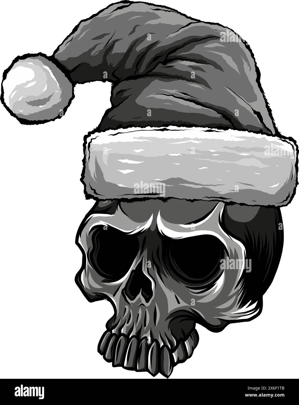 monochrome outline drawing of a horror santa claus skull with hat ...
