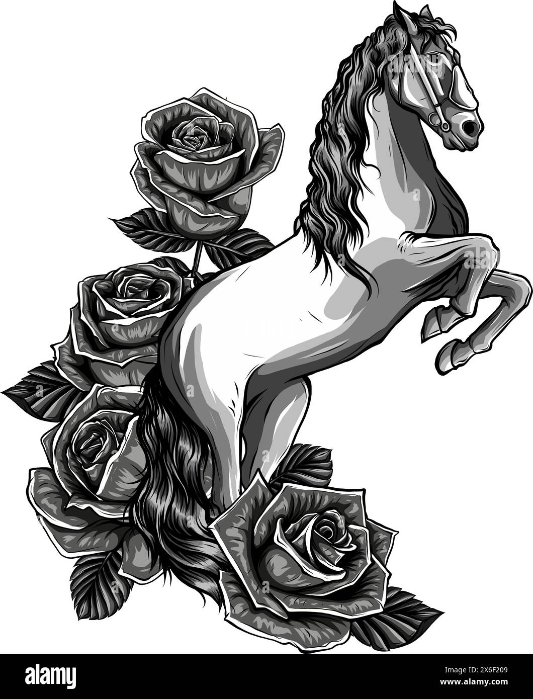 monochrome Beautiful horse with roses. Vector drawn illustration Stock ...