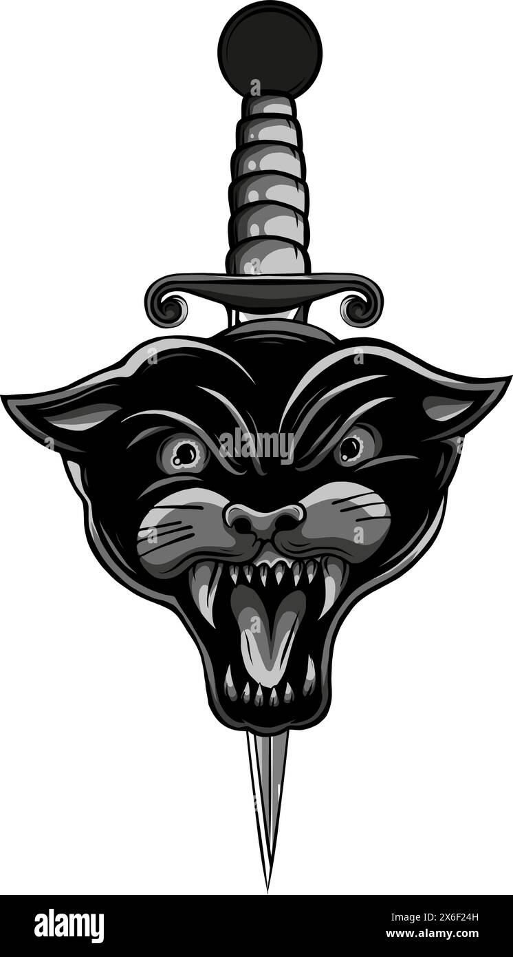 monochrome black panther head and dagger tattoo, vector Stock Vector ...