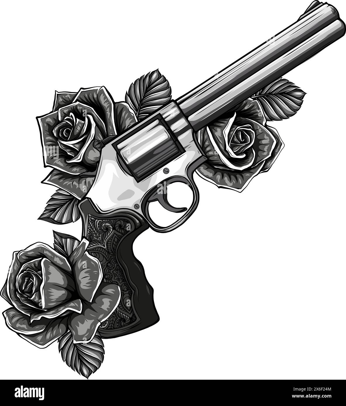 Revolver with rose isolated on white in monochrome style. illustration ...