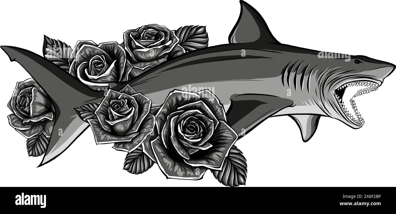 vector monochrome shark with roses and leaves Stock Vector Image & Art ...