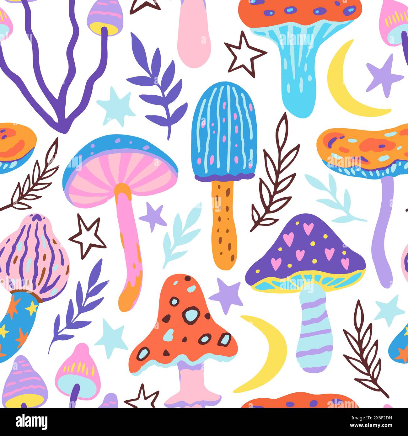 Seamless pattern with doodle magic mushrooms. Vector illustration of ...