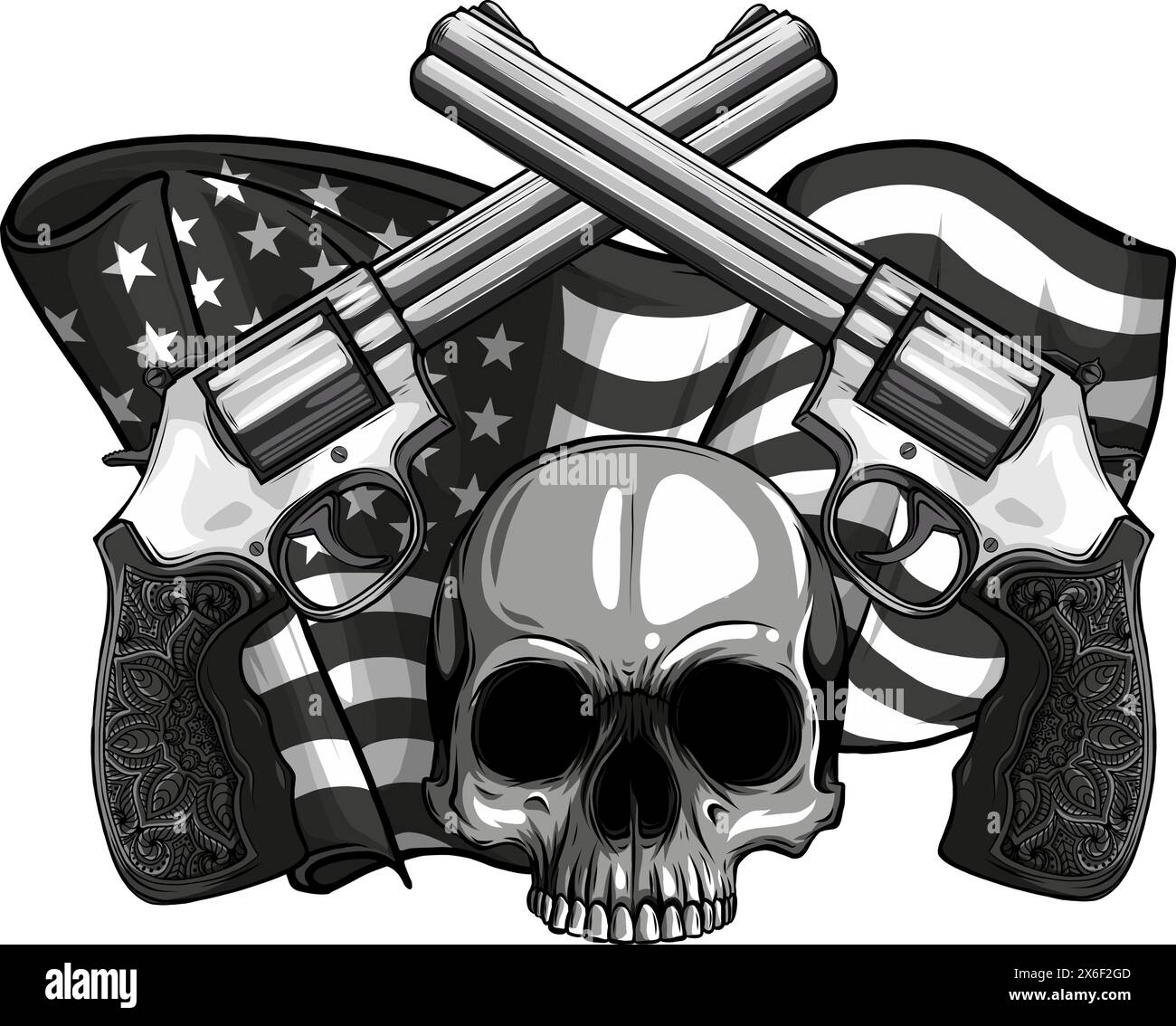vector illustration of Monochrome skull with two revolvers and usa flag ...
