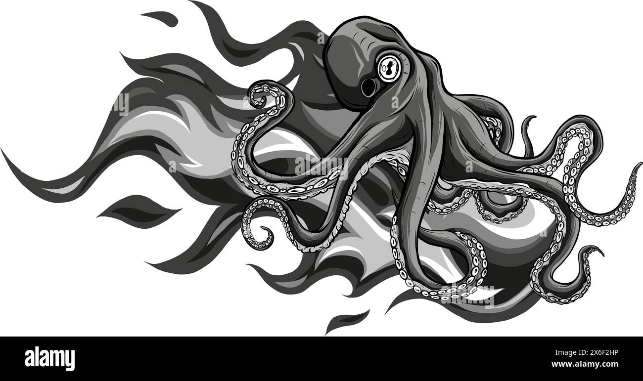vector illustration Deep Sea Octopus with flames Monochrome Stock ...