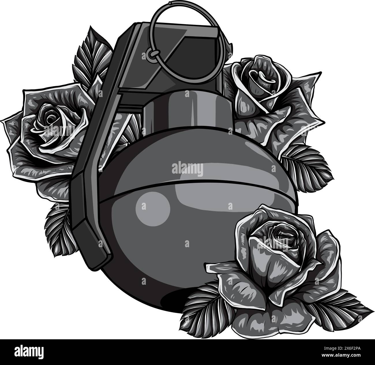 Monochrome Hand grenade with roses vector illustration Stock Vector ...