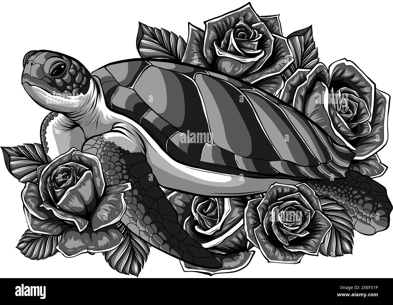 vector illustration of monochrome sea turtle with roses Stock Vector ...