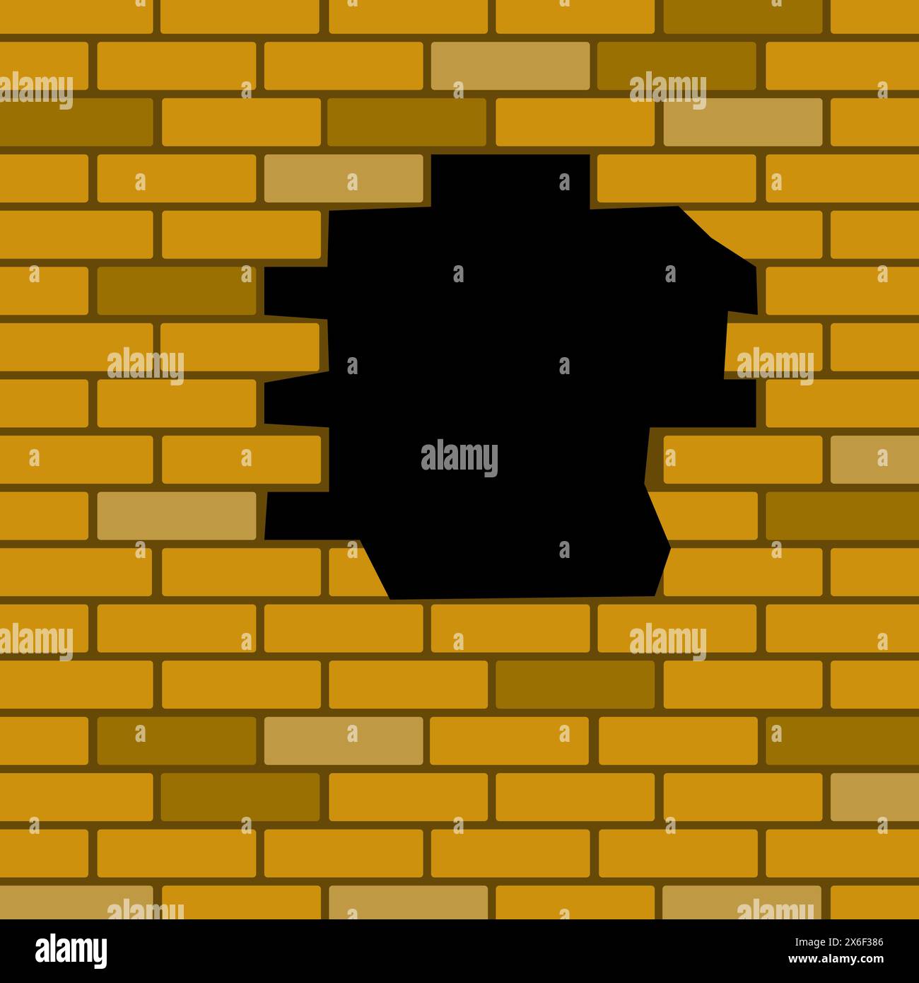 Broken brick wall. Yellow brown bricks. Vector damaged structure. Empty ...