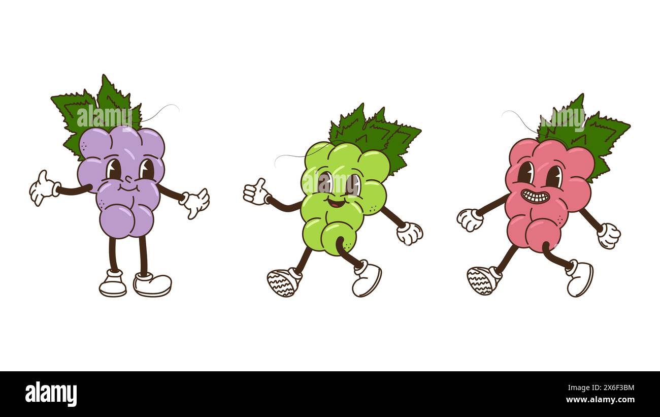 Fruits and berries in groovy style set. Grapes green purple and pink ...
