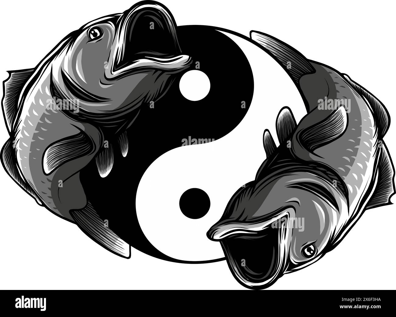 Ying yang symbol with fish. Hand drawn outline Koi fish vector ...