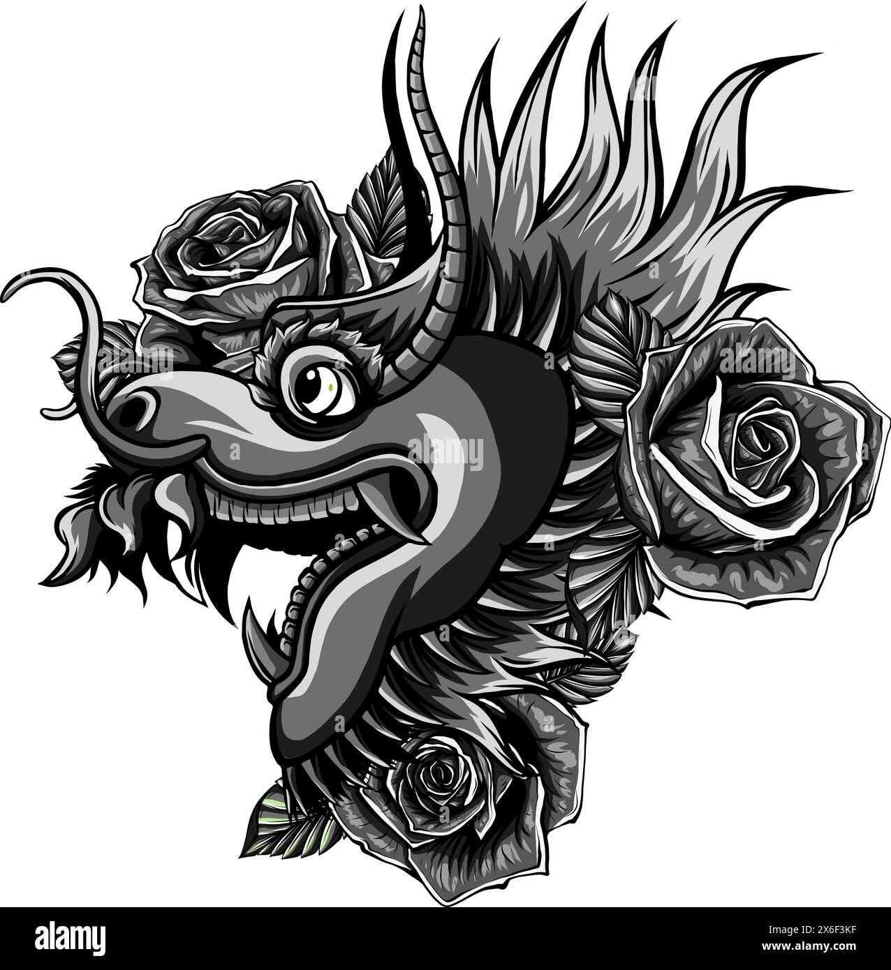 vector illustration of Monochrome Japanese head Dragon with roses Stock ...