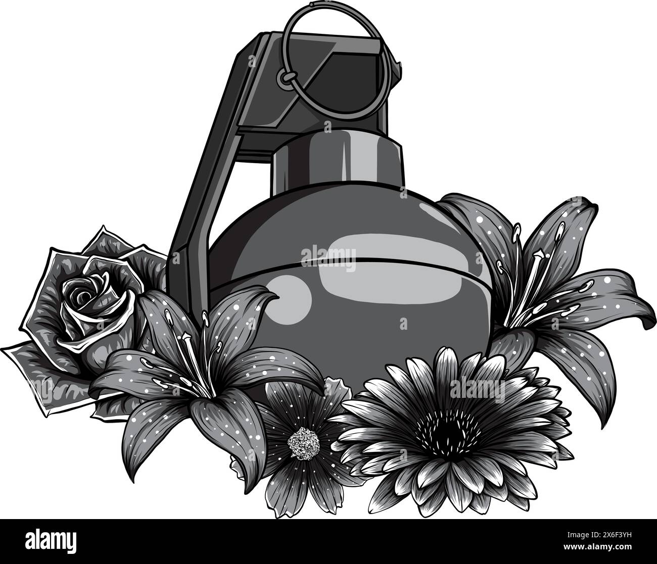 Monochrome Hand grenade with flower vector illustration Stock Vector ...