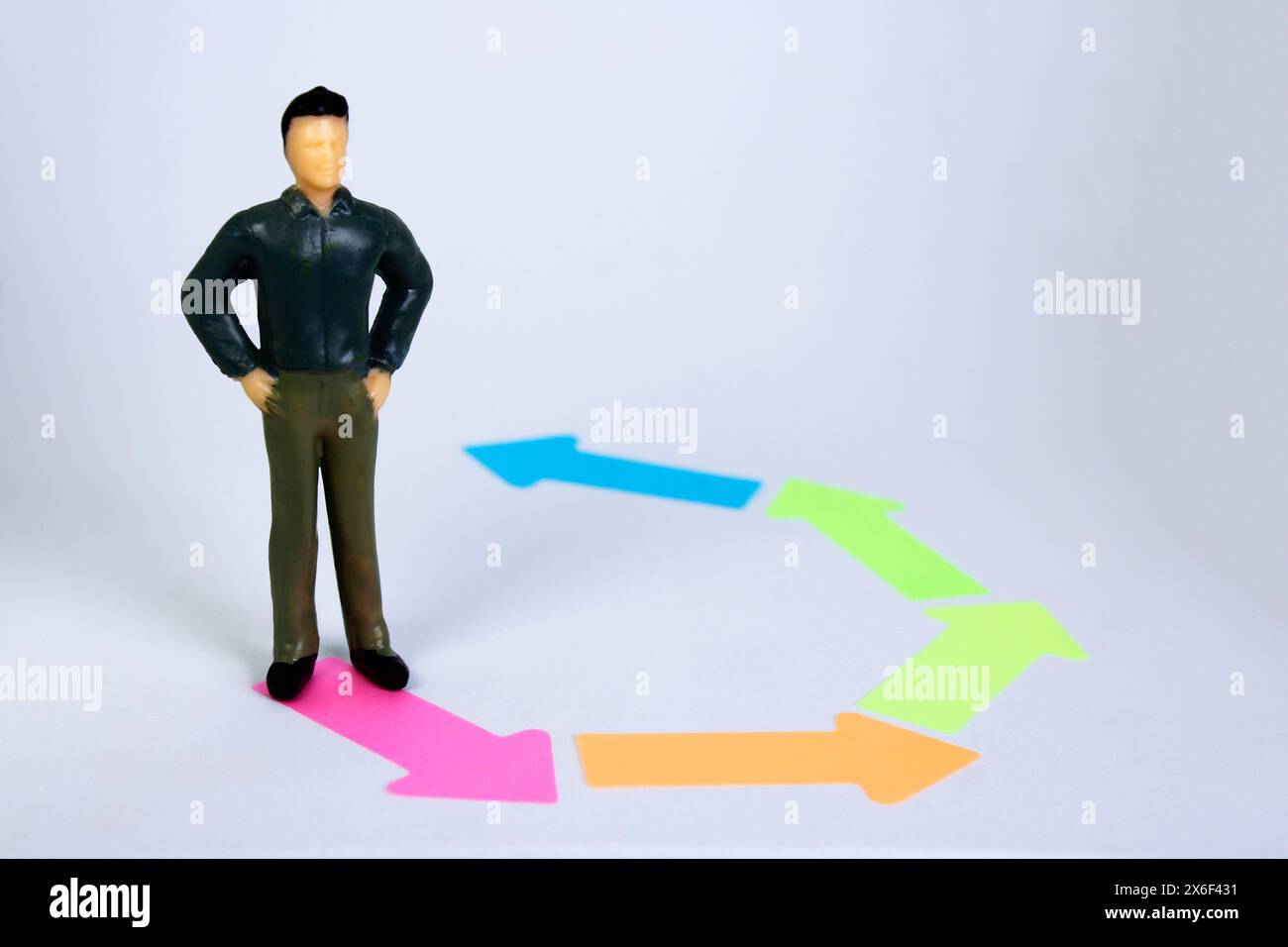 Man starting to walk on a path indicated with arrows that define ...