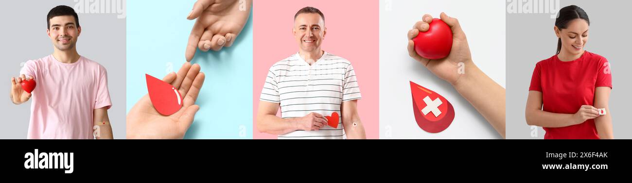 Collage of donors with paper blood drops and red hearts on color ...