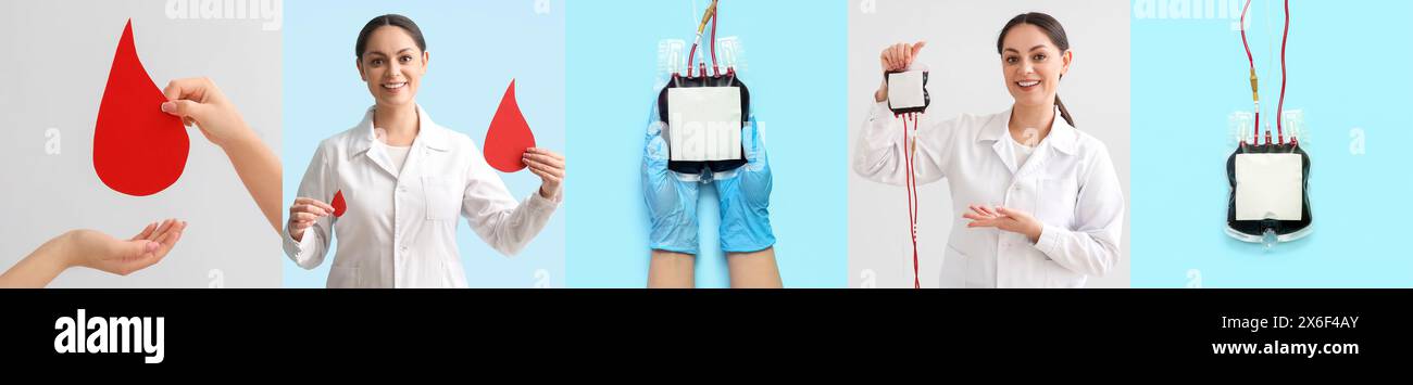 Collage of female doctor with paper drops and blood packs on light and ...