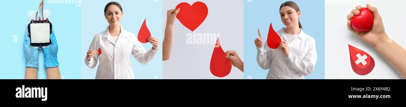 Collage of female doctor with blood pack, paper drops and hearts on ...