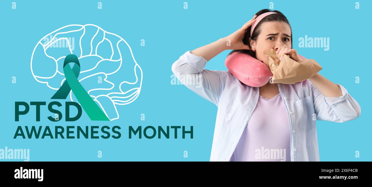 Stressed woman with paper bag having panic attack on blue background. Post-Traumatic Stress ...